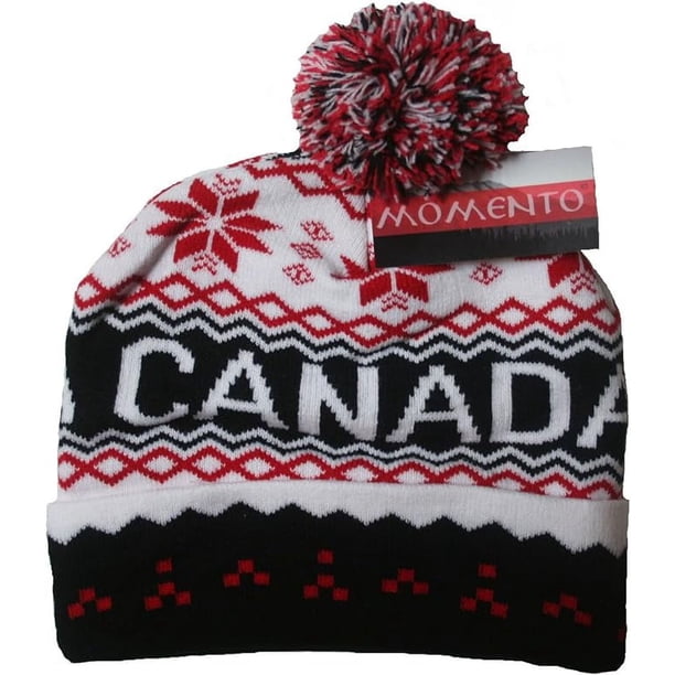 CANADA BLACK & WHITE WITH RED SNOW FLAKES ADULT TOQUE HAT CAP CANADIAN ...