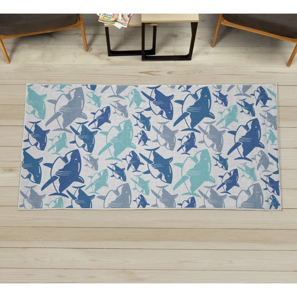 Shark Decorative Rug, Colorful Underwater Fish Pattern Masters Survival ...