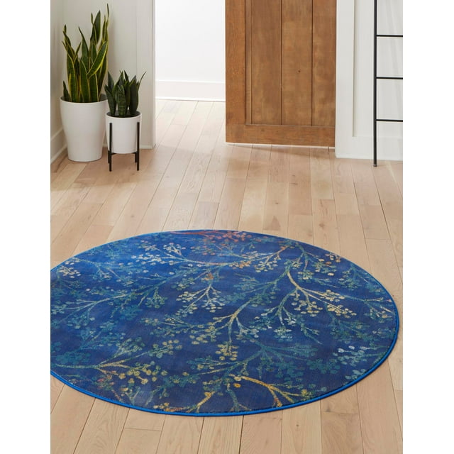 Rugs.com Blossom Collection Rug – 5 Ft Round Blue Medium Rug Perfect ...