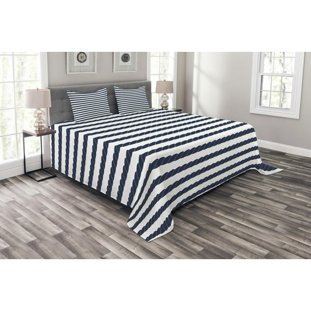 Navy Bedspread Set Queen Size, Nautical Rope in Horizontal Style Marine ...