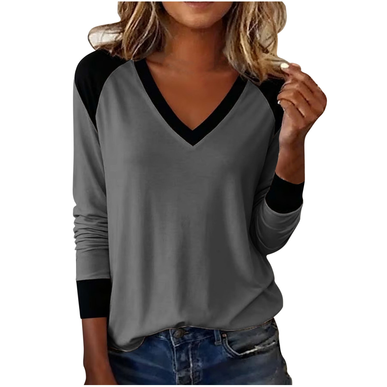 Click here for Jalioing Womens V Neck T Shirt Color Block Long Sl... prices