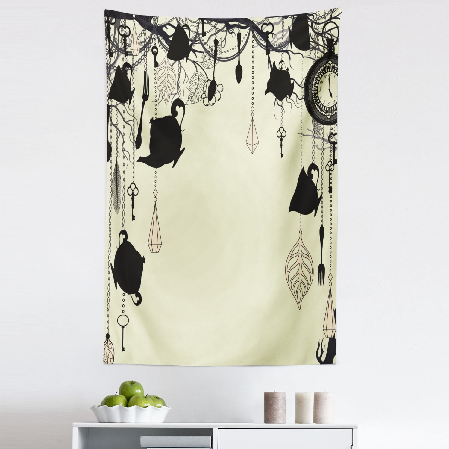 Vintage Tapestry, Vintage Tea Party Diamond Forks Spoons Cups Leaves ...