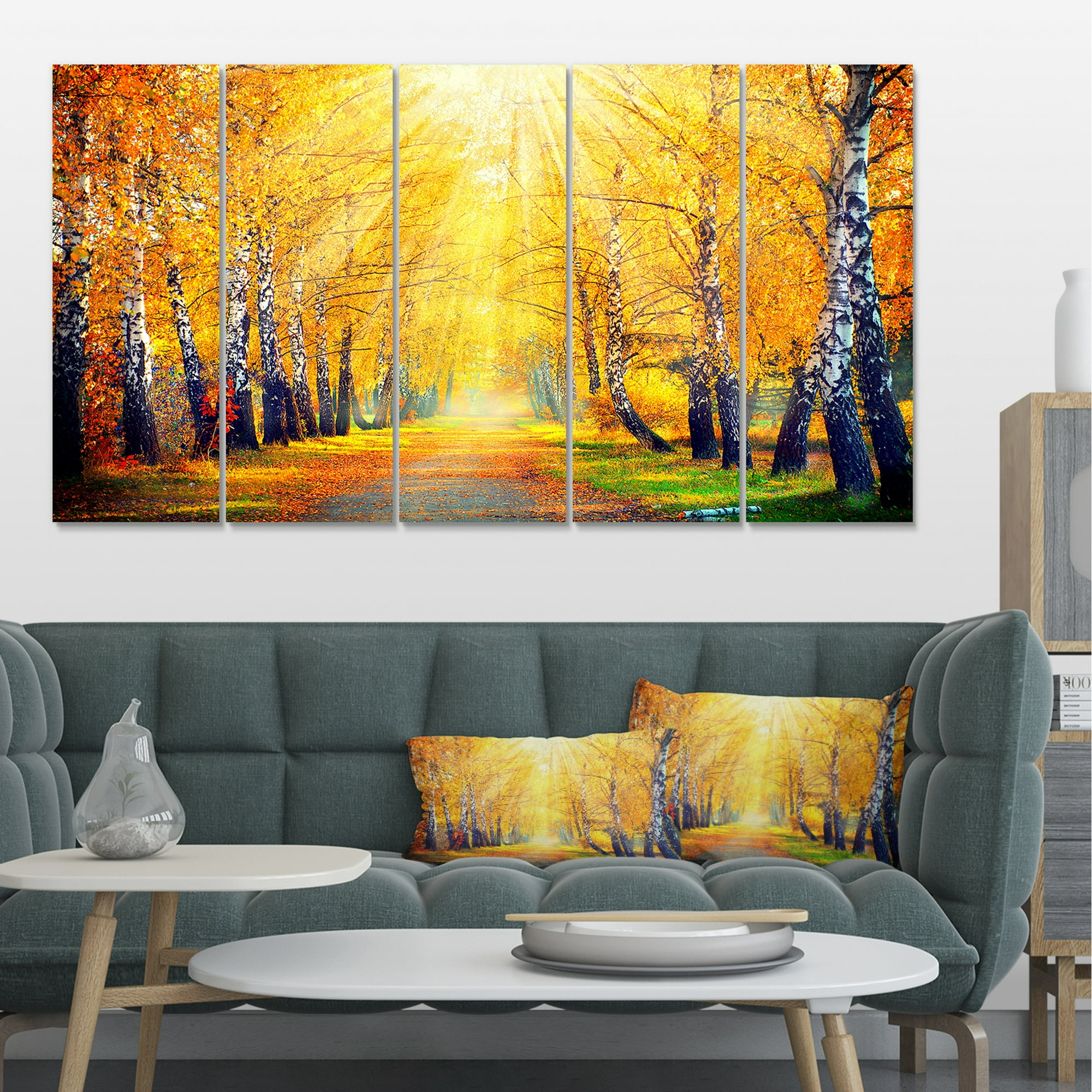 Designart Yellow Autumn Trees In Sunray - Large Landscape Canvas Art Print 60x32 In - 5 Panels Diamond