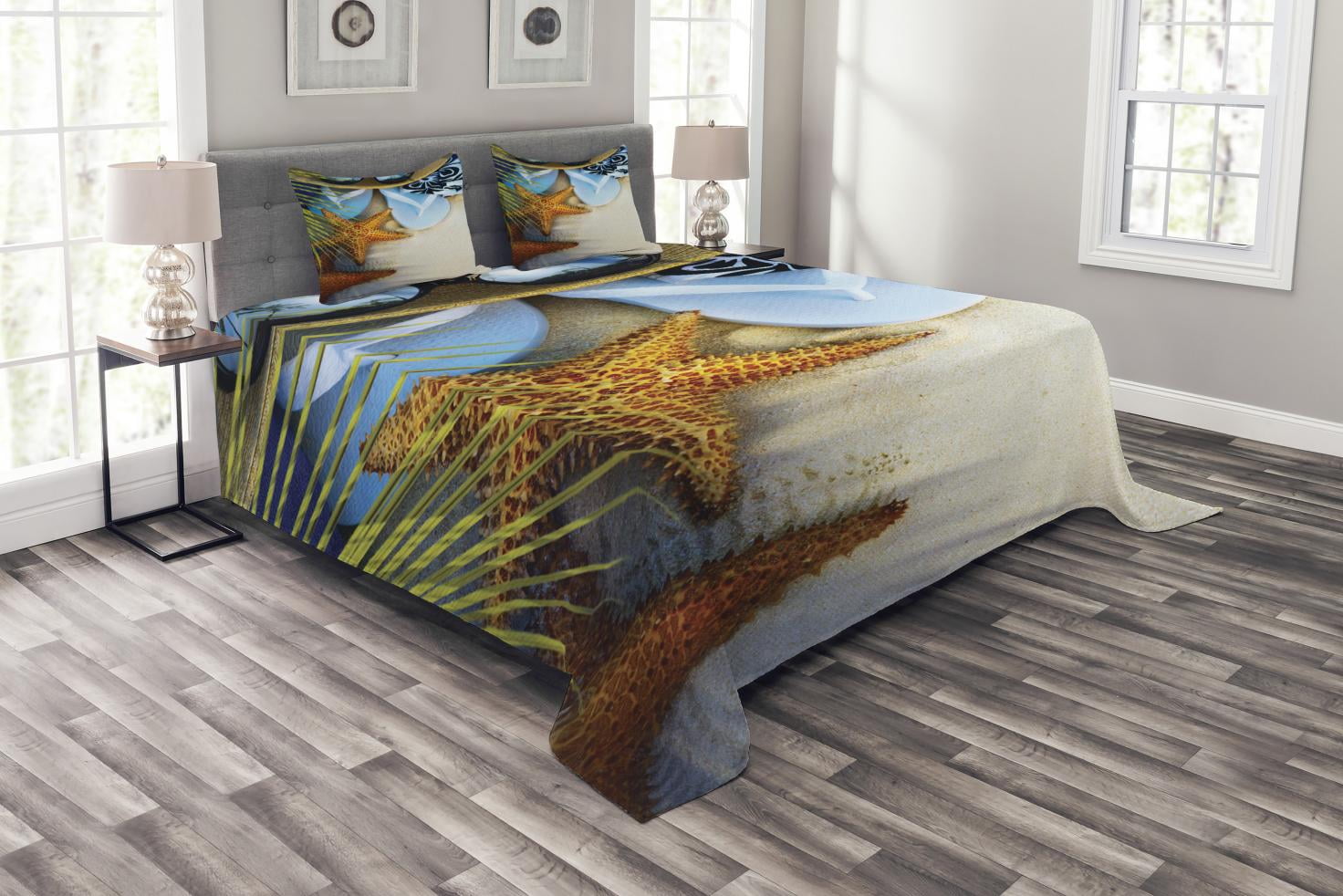 Beach Bedspread Set Queen Size, Dream on the Tropical Beach Seashell ...