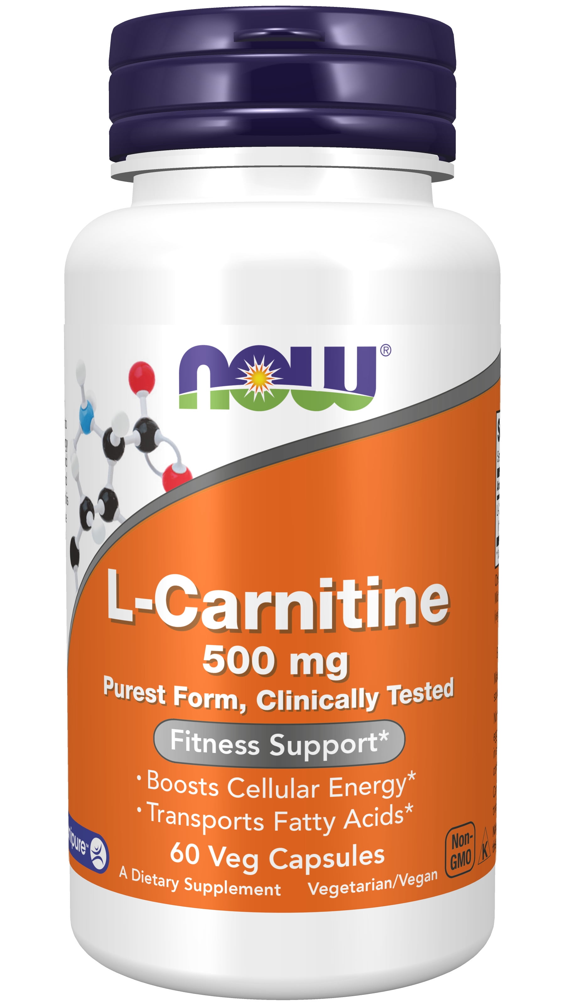 NOW Supplements, L-Carnitine 500mg, Purest Form, Amino Acid, Fitness ...