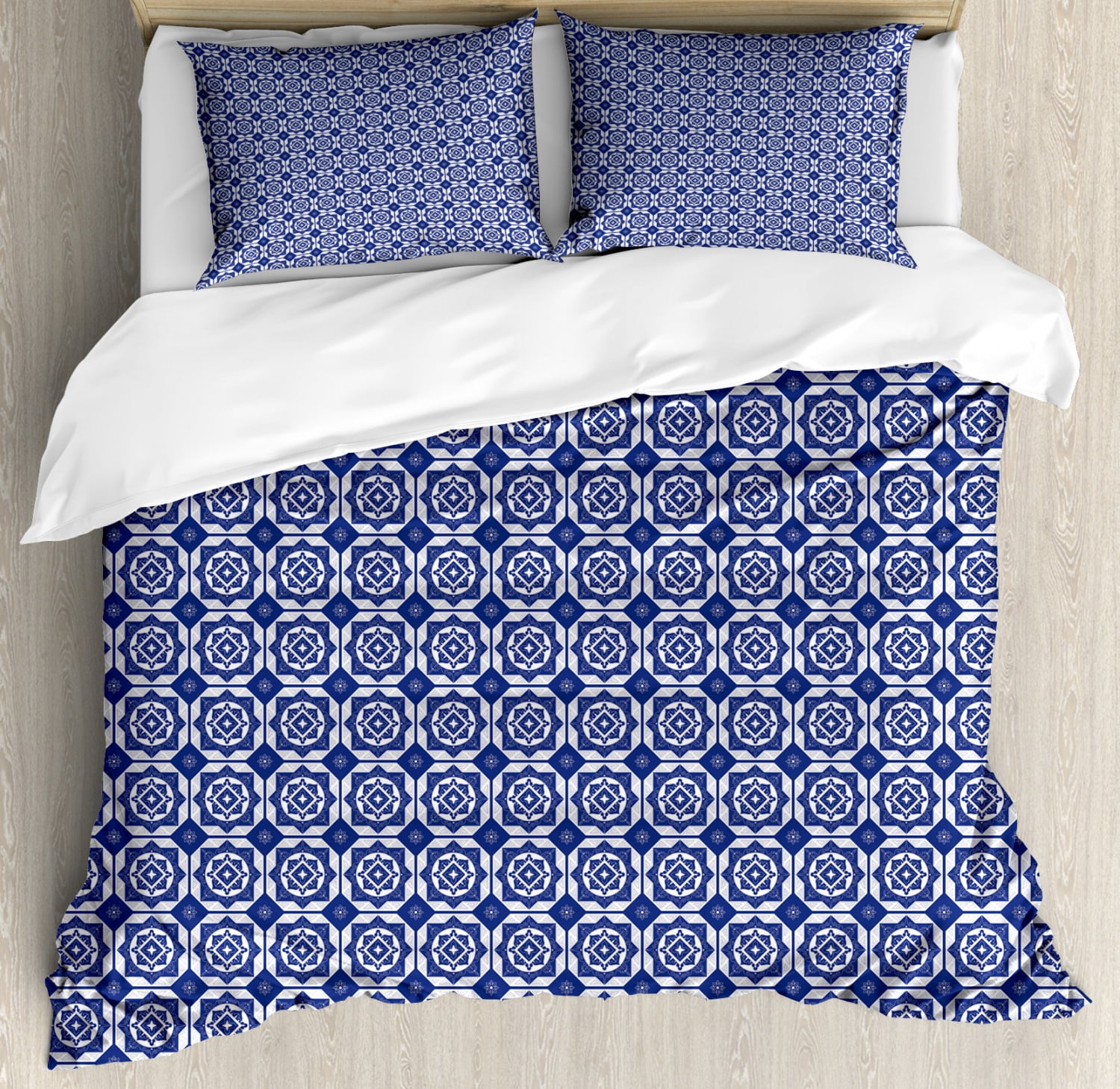 Dutch Queen Size Duvet Cover Set, Delft Style Geometric Pattern with ...