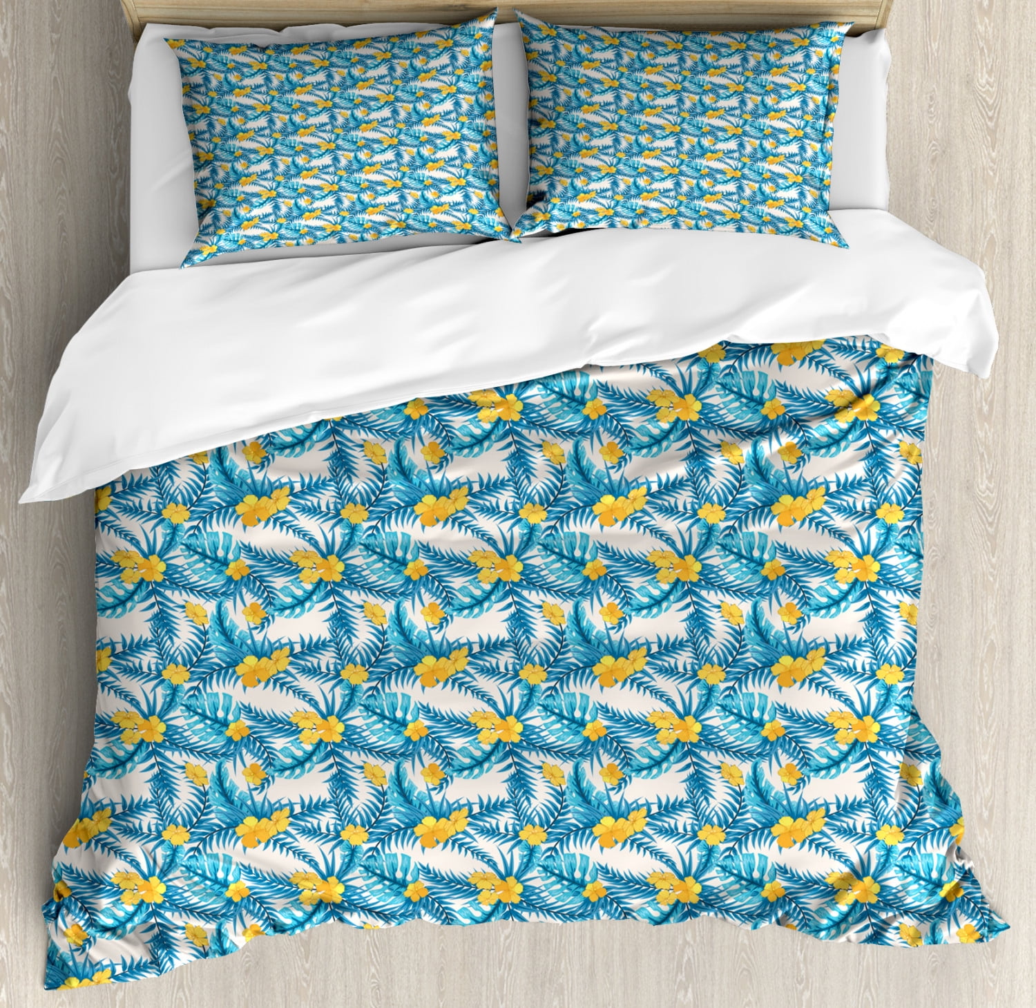 Tropical Duvet Cover Set King Size, Exotic Leaves and Flowers Pattern ...
