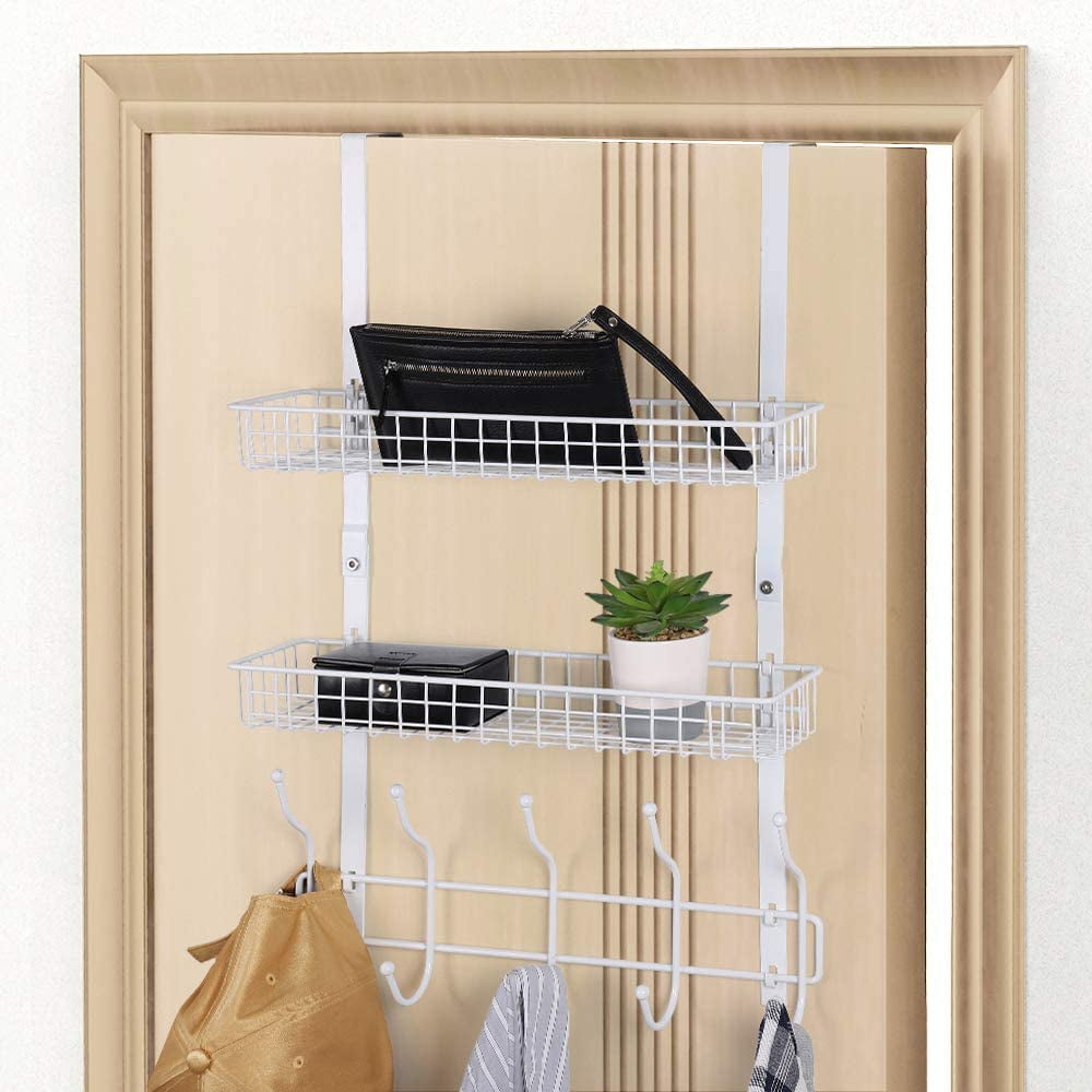 Over The Door Hook Hanger Storage Organizer with 5 Hooks & 2 Baskets ...