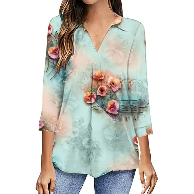 RYRJJ Women's 3/4 Sleeve Dressy Blouses V Neck Collared Tunic Tops Cute ...