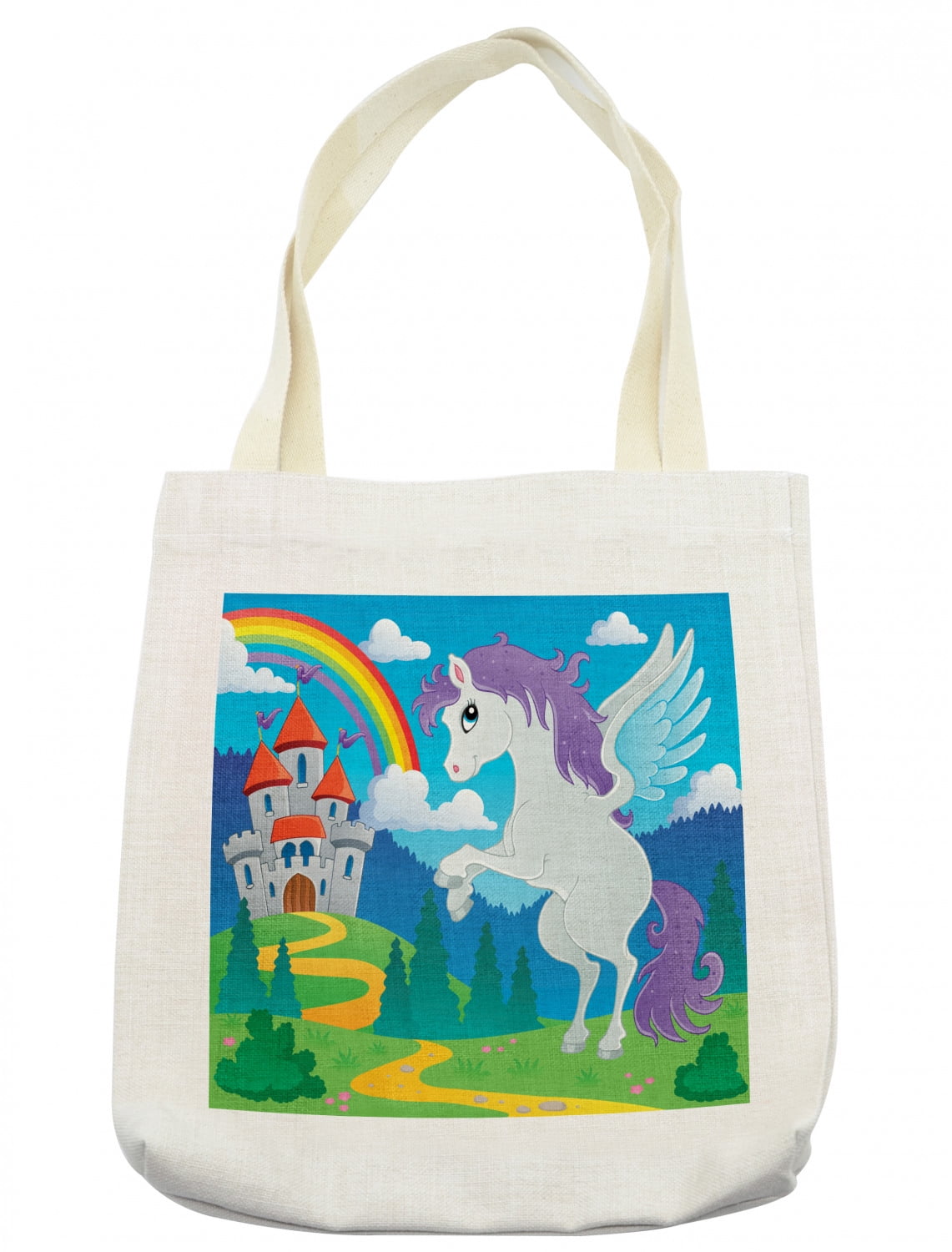Fantasy Tote Bag, Surreal Mythical Unicorn Rainbow and Medieval Castle ...