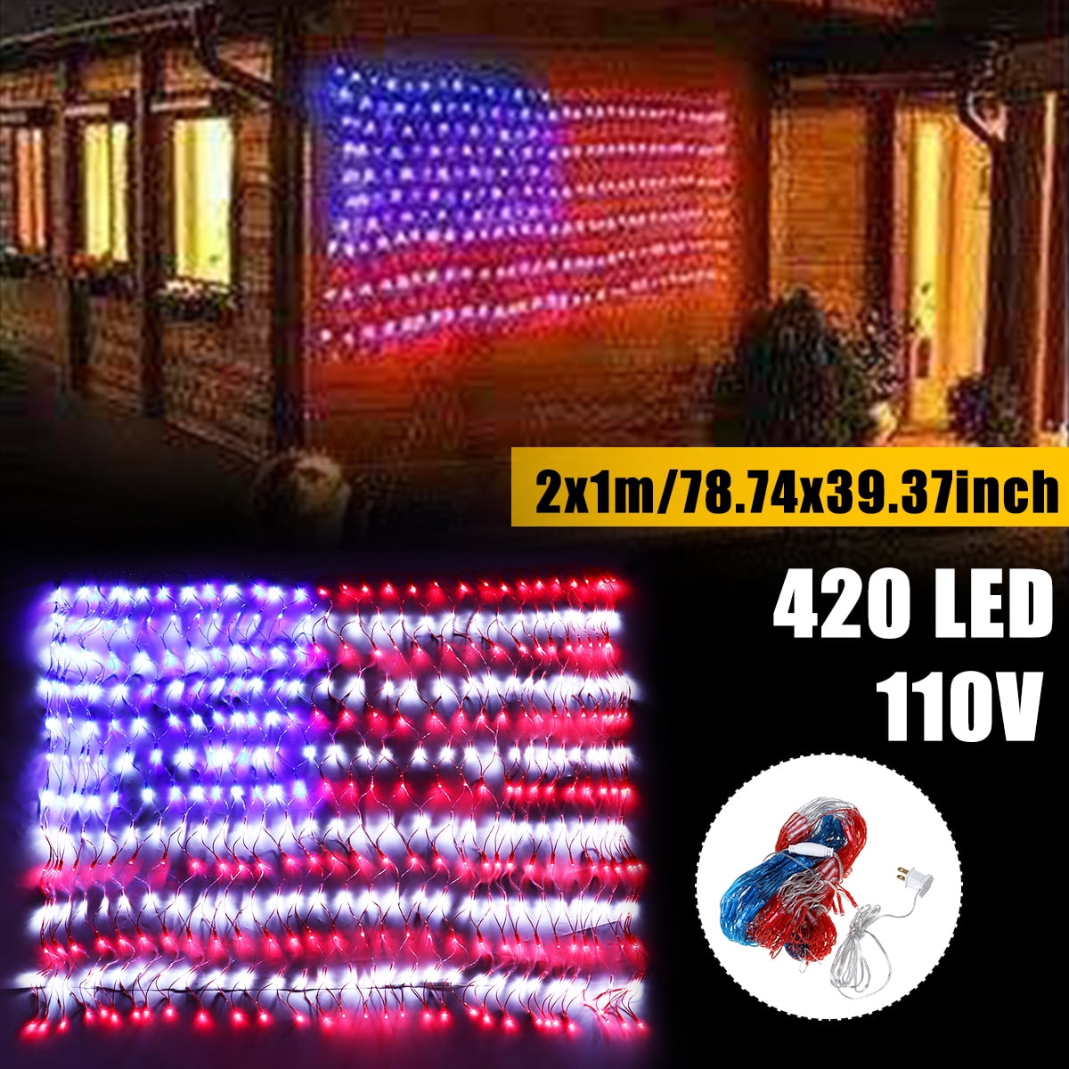American Flag LED String Lights LARGE USA Outdoor Waterproo WHITE RED ...