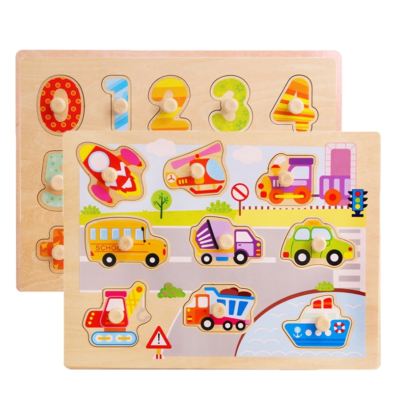 Toddler Puzzles and Rack Set, Wooden Peg Puzzles Bundle with Storage ...