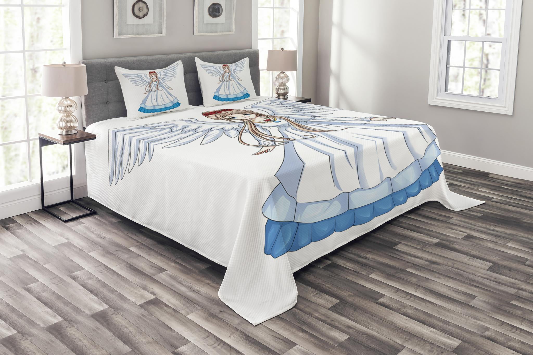 Anime Bedspread Set King Size, Cartoon Illustration of Cute Angel Wings ...
