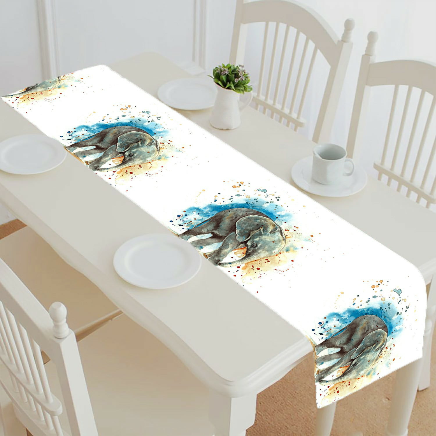 ECZJNT Watercolor Grey Elephant Blue Orange table runner table cloth ...