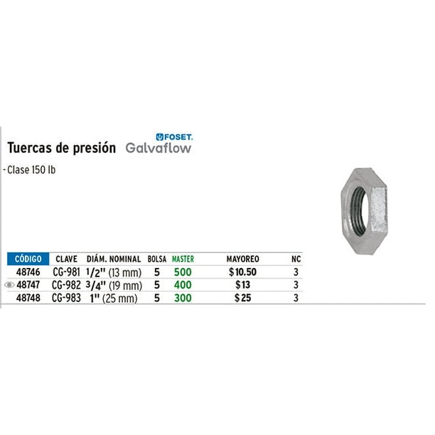 Tuerca de presión, acero galvanizado, 1/2' Foset Tuerca de presión, acero galvanizado, 1/2 ...