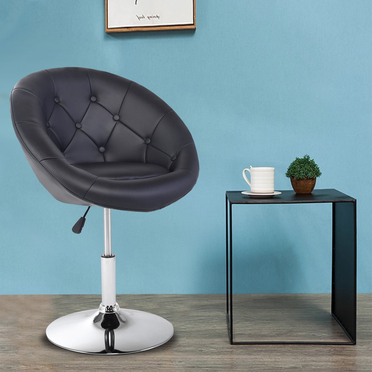 Gymax PU Leather Adjustable Modern Chair Swivel Round Tufted Back Black ...