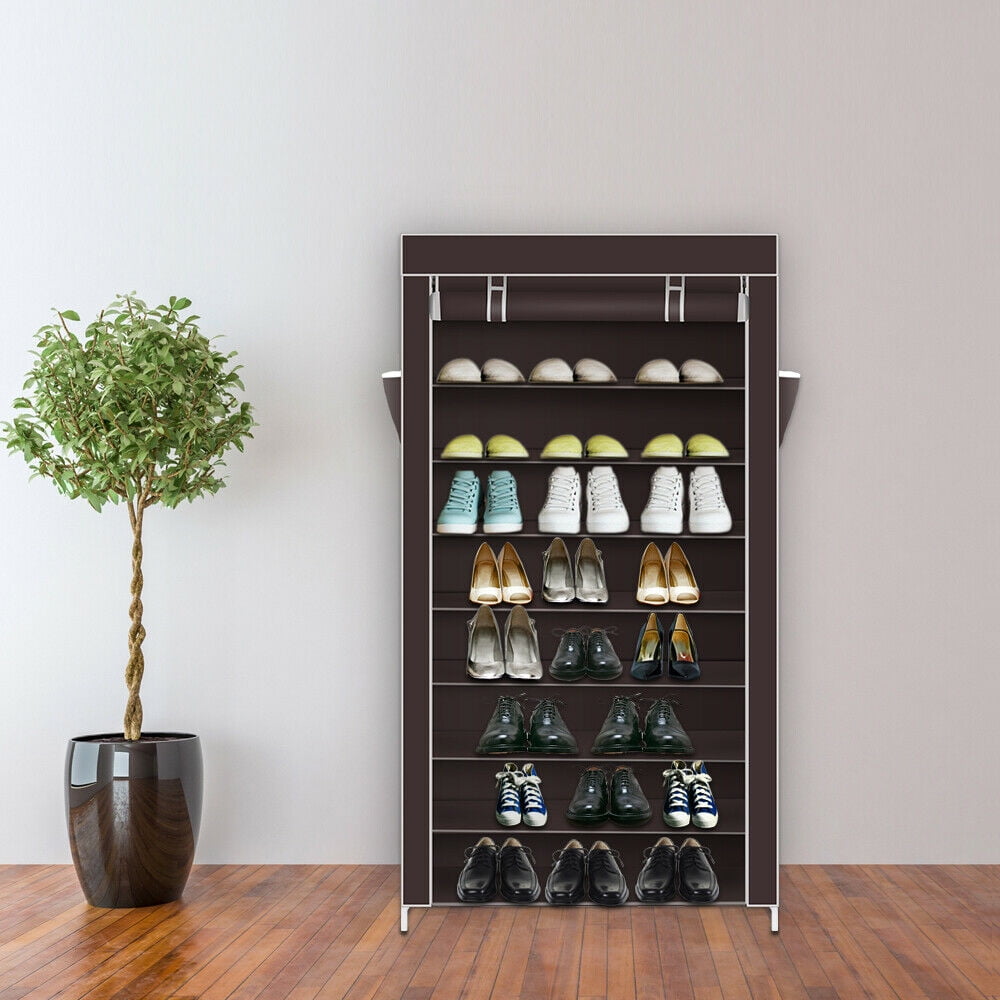 10 Tiers Shoe Rack with Dustproof Cover and Side Pockets Closet Shelf ...
