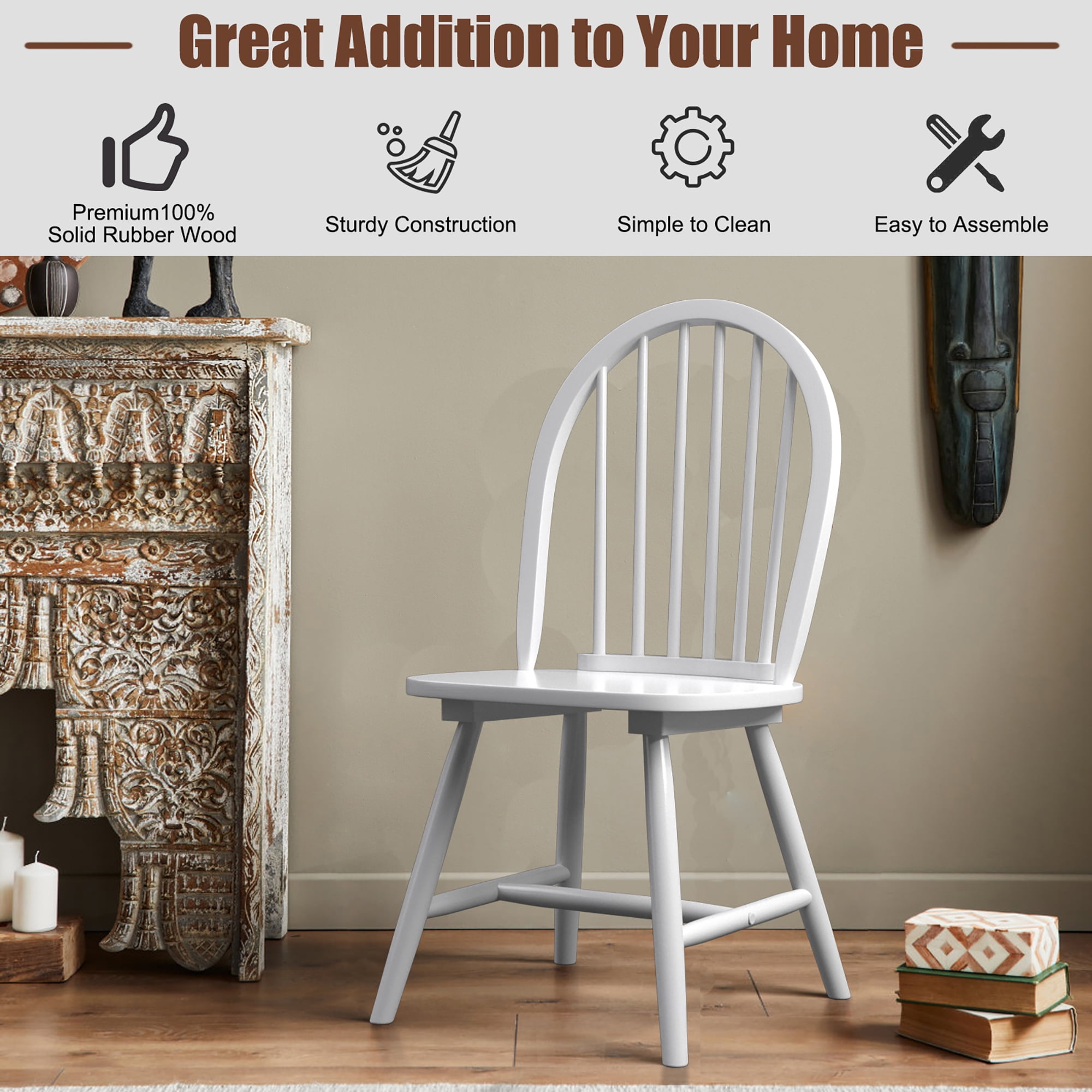 Costway Set of 2 Vintage Windsor Dining Side Chair Wood Spindleback Kitchen Room White