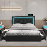 Mabor Full LED Bed Frame, Black Faux Leather Upholstery, 4 Storage ...