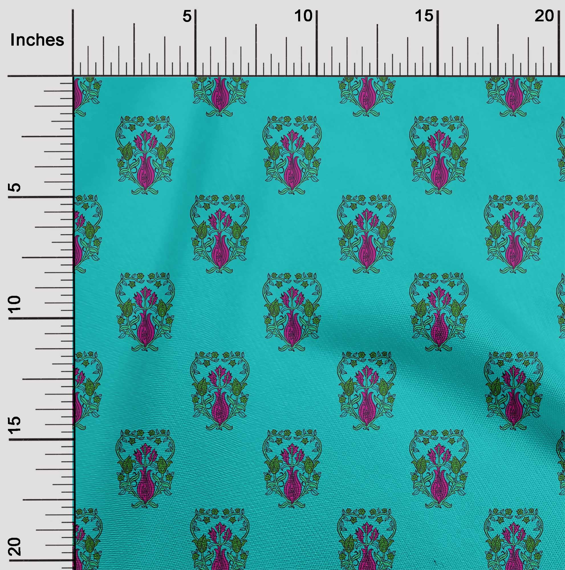 oneOone Cotton Jersey Turquoise Blue Fabric Leaves & Floral Block ...
