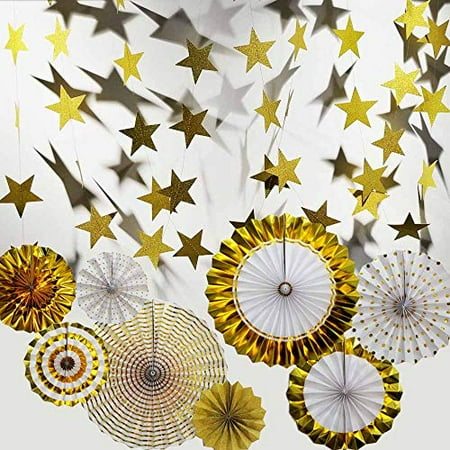 Hola Fiesta | Gold Paper Fans Flower and 4mX2 Gold Stars Hangings for ...