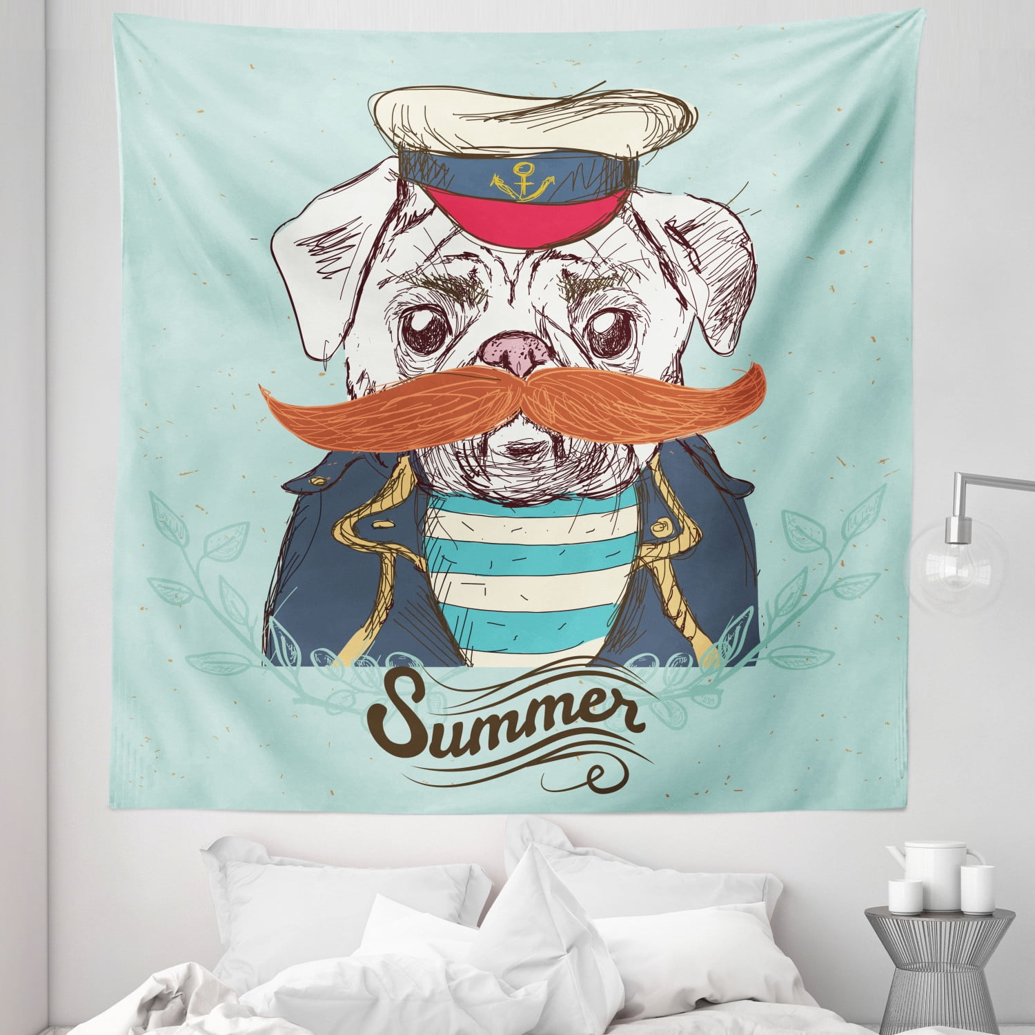 Pug Tapestry, Captain Dog with Hat Mustache Jacket and Shirt Animal ...