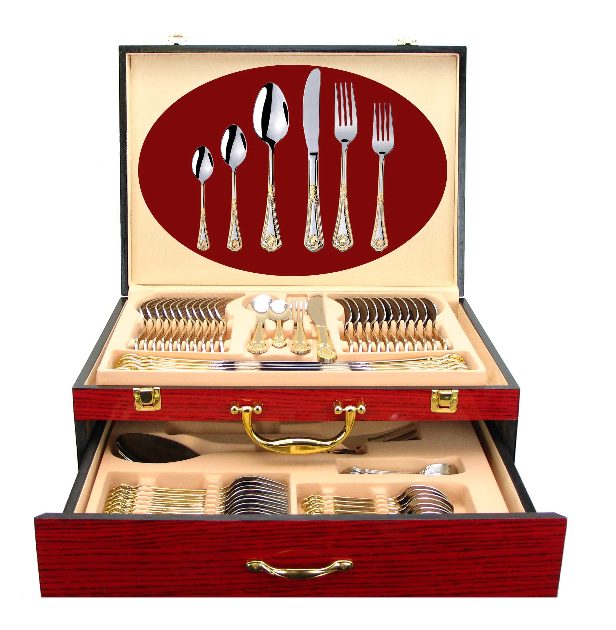 75-Pc Luxury Gold Flatware Set for 12 w/Wooden Storage Case, 24 kt ...