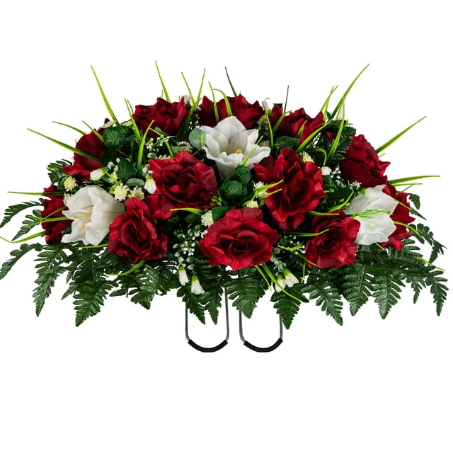 Sympathy Silks Artificial Cemetery Flowers 30" White Amaryllis/Red Rose ...