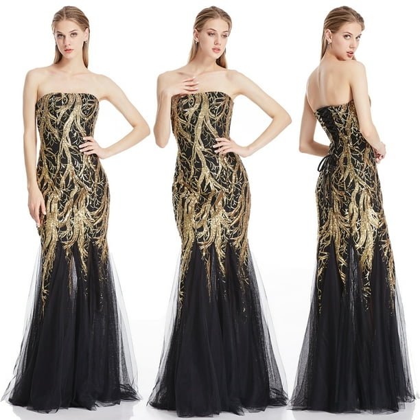 Angel-fashions Elegant Prom Gown Strapless Golden Paillette Tree Branch ...