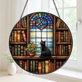 Cat and Books Stained Glass Window Hanging, Round Decorative Suncatcher ...