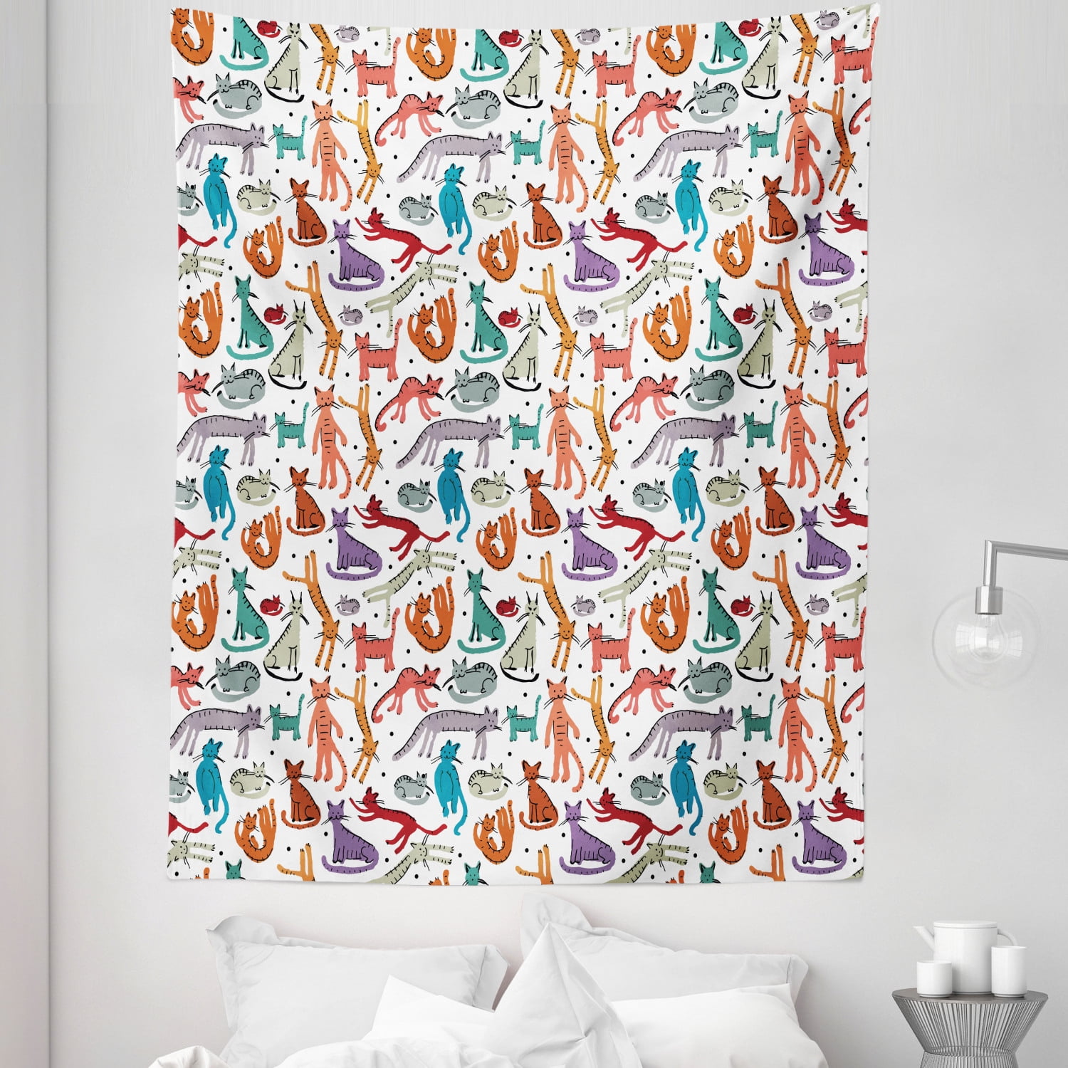 Cats Tapestry, Cheerful Sketch Art of Kittens in Pastel Colors and ...