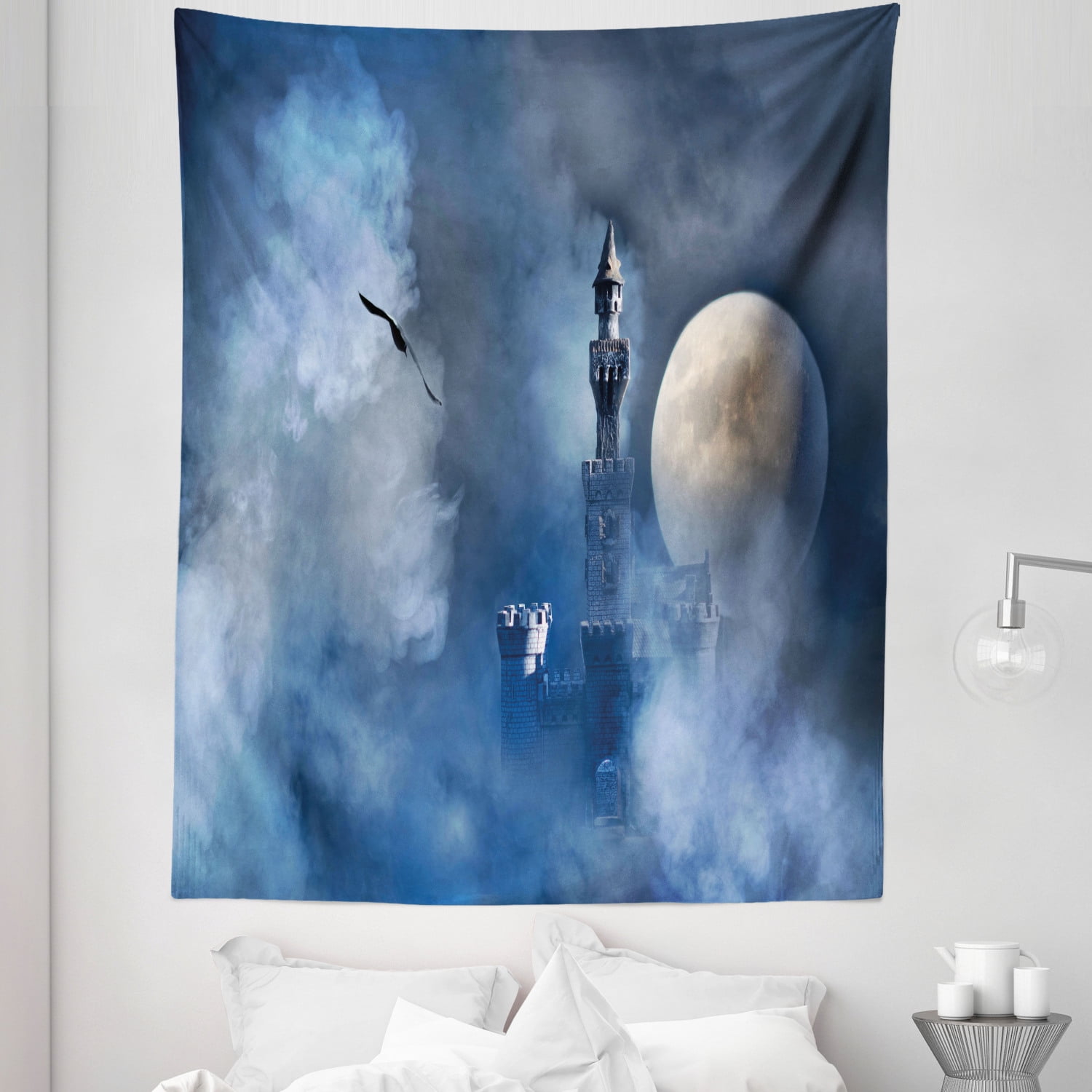 Fantasy Tapestry, Castle on Clouds at Moon Night Scary Gothic Fiction ...