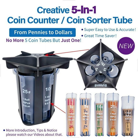 Coin Sorter Tube Coin Counter with Coin Wrappers,5-IN-1 Change Sorter ...