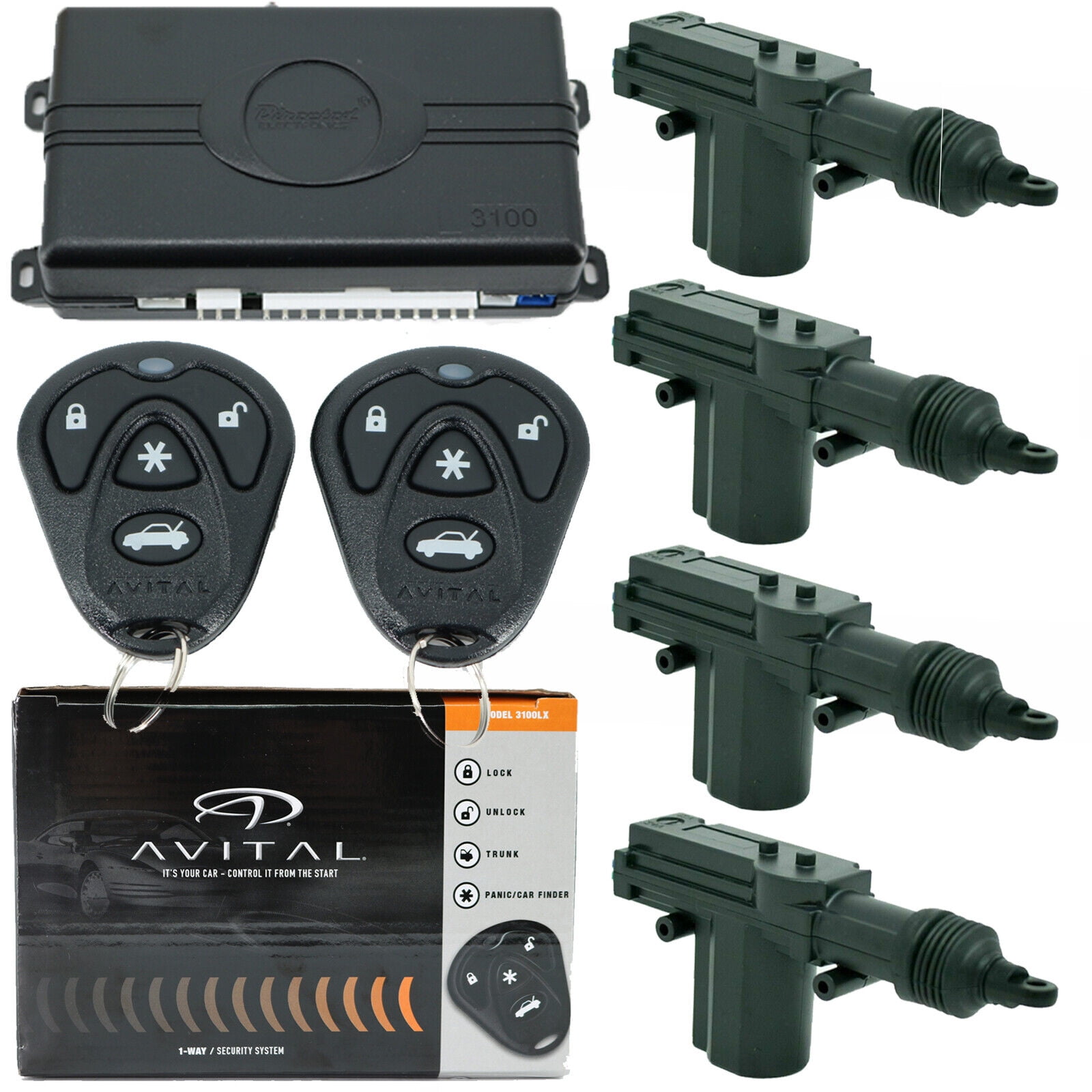 AVITAL 3100LX KEYLESS ENTRY 3 CHANNELS CAR ALARM SYSTEM + 4 Universal ...