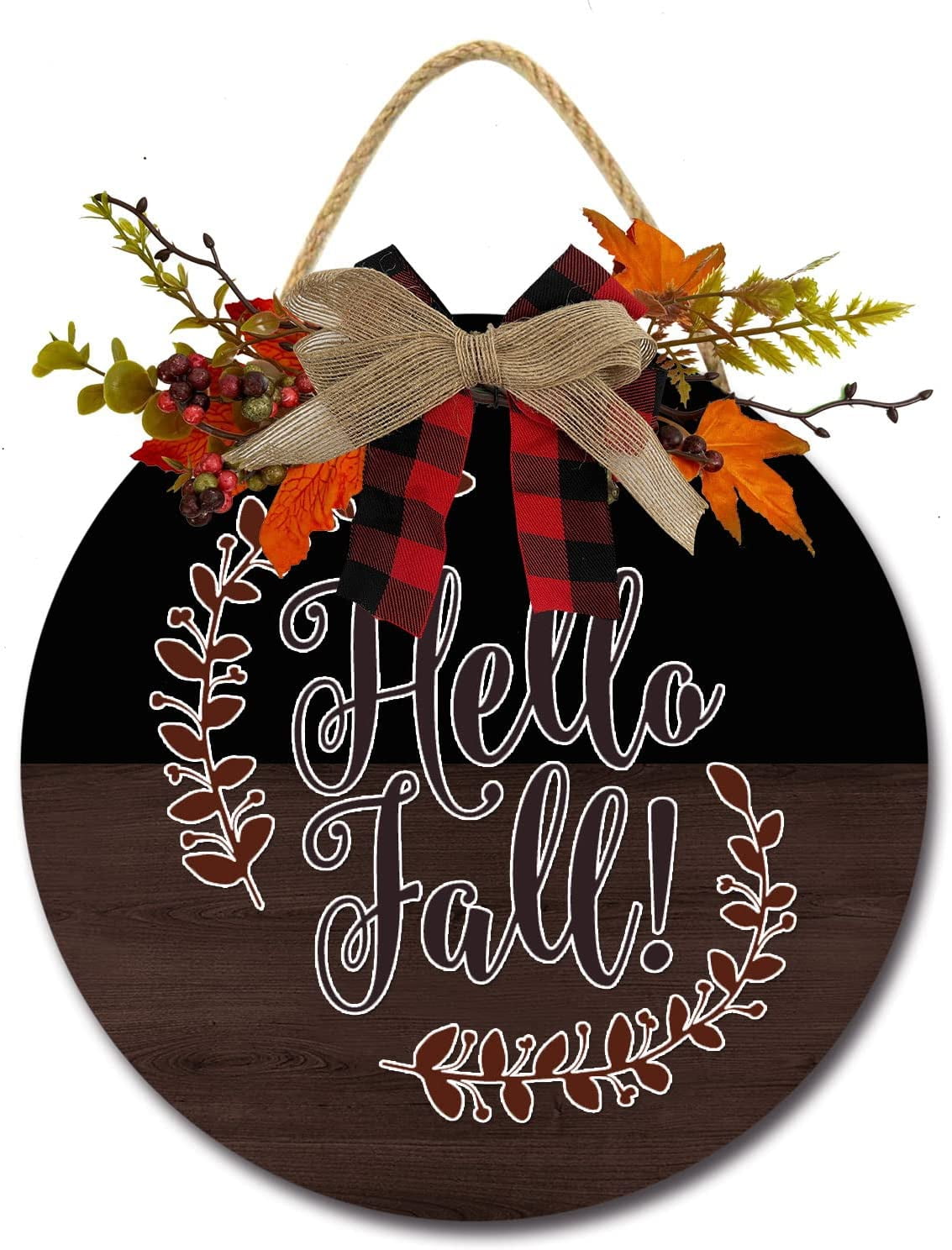 Eveokoki 12" Wooden Hanging Sign Round Hello Fall Wood Door Sign ...