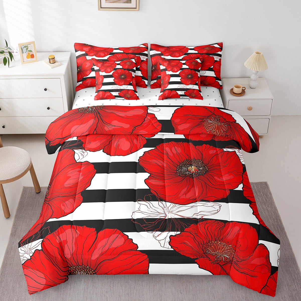 Click here for Yst Red Poppy Flowers King Size Comforter Sets - B... prices