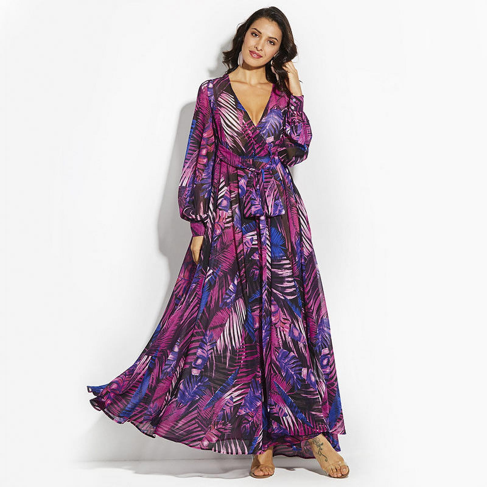 Douhoow Women Boho Long Dress Tropical Floral Sundress Long Sleeve ...
