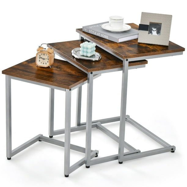 Gymax 3 Pcs Nesting Coffee End Table Set Stacking Side Nightstand ...