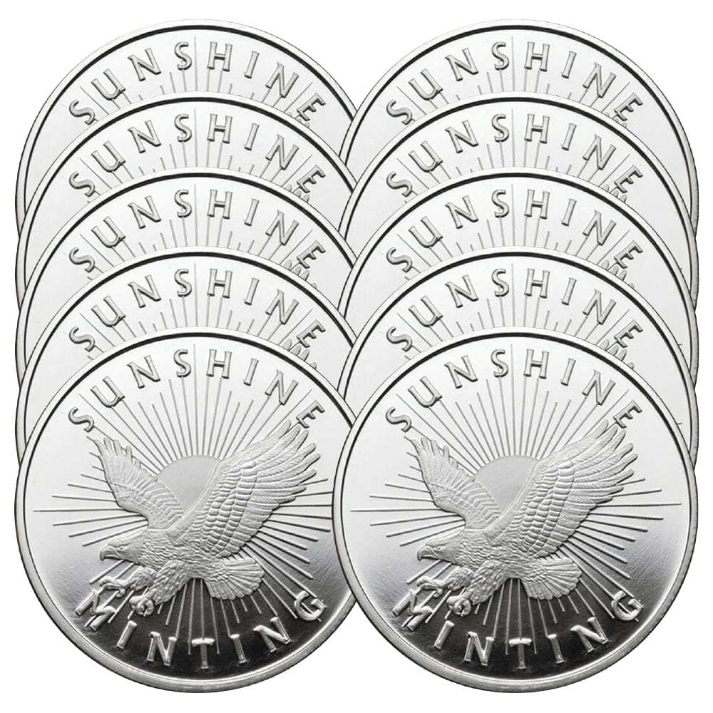 Lot of 10 - 1 Troy oz Sunshine Minting .999 Fine Silver Round Mint Mark ...