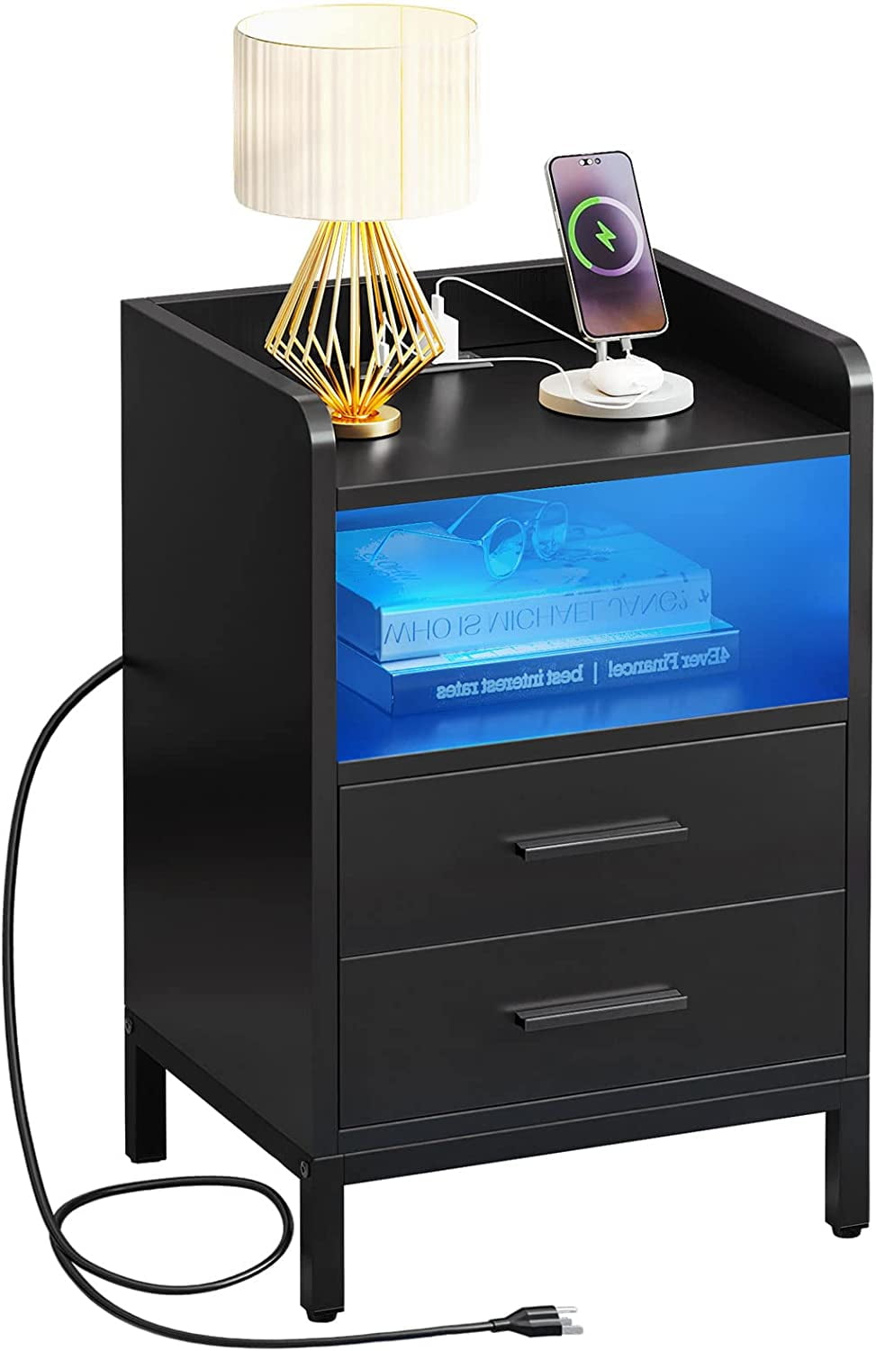 DEXTRUS Black Night Stand with LED Lights and Charging Station, End ...