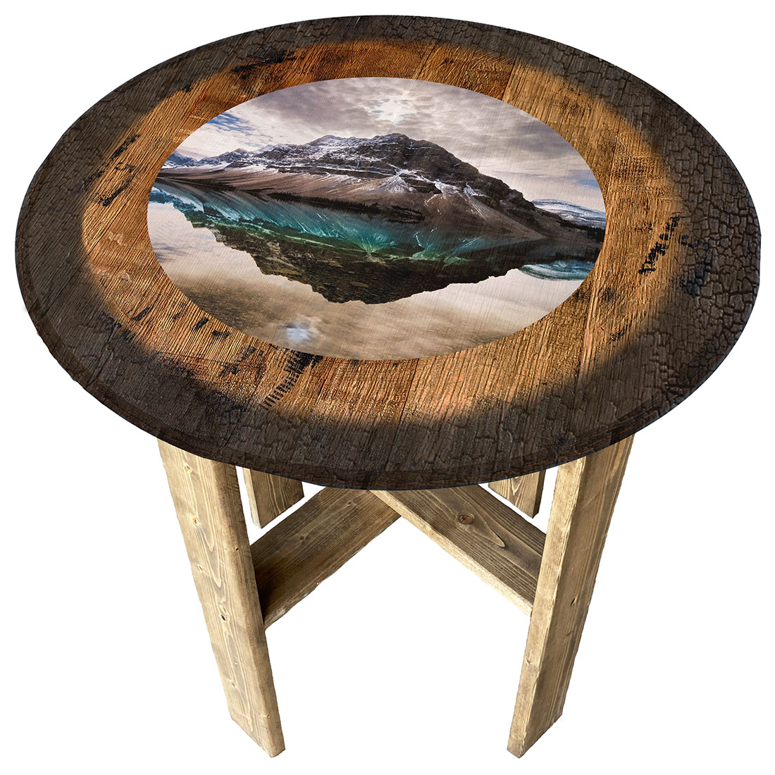 Mountain Reflection Pub Gift Farmhouse Rustic Round Whiskey Barrel End ...