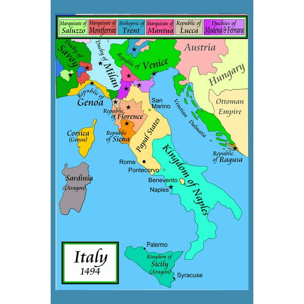 24x36 gallery poster, Map of Italy 1494, Renaissance - Walmart.com