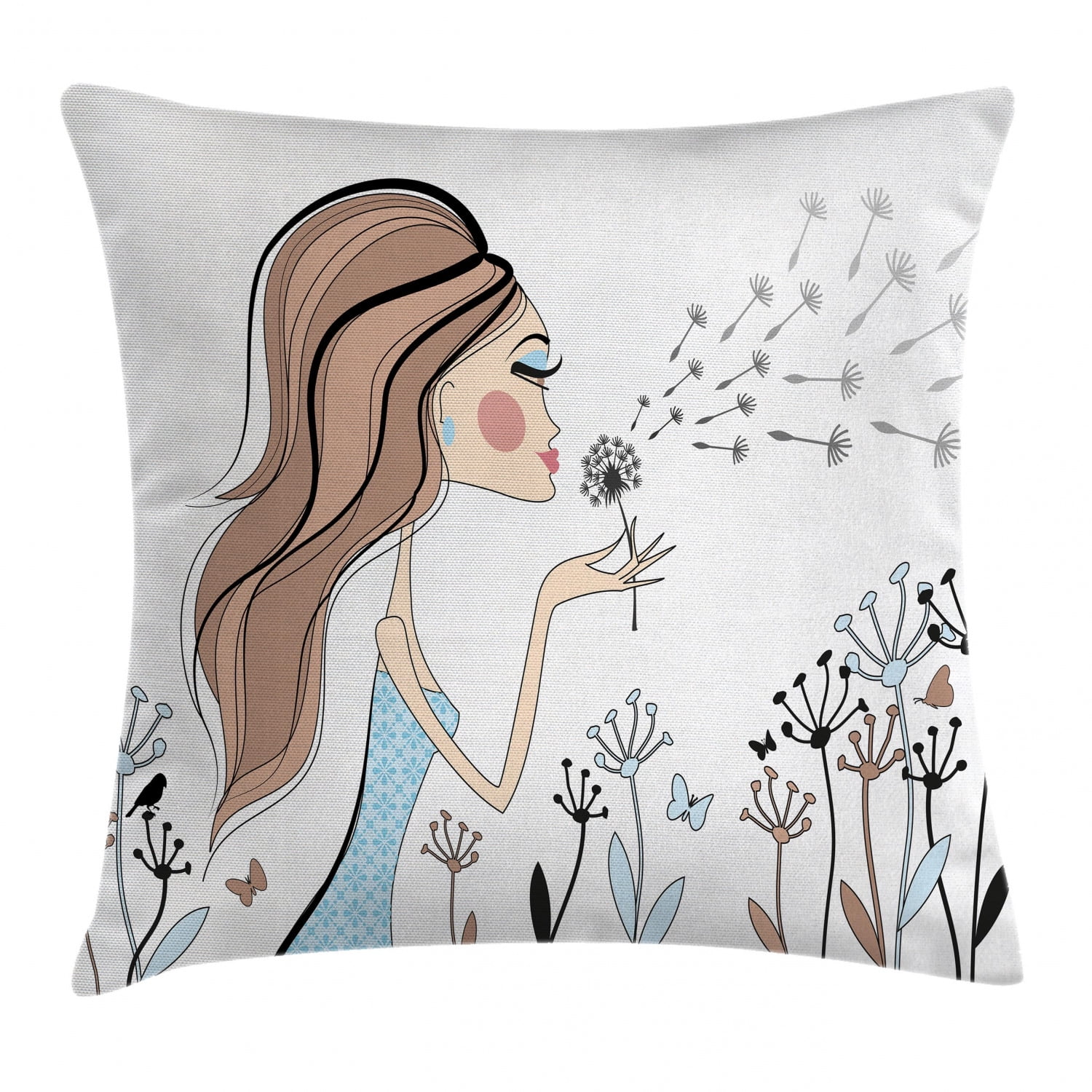 Girls Throw Pillow Cushion Cover, Fashion Woman with Dandelion Flower ...