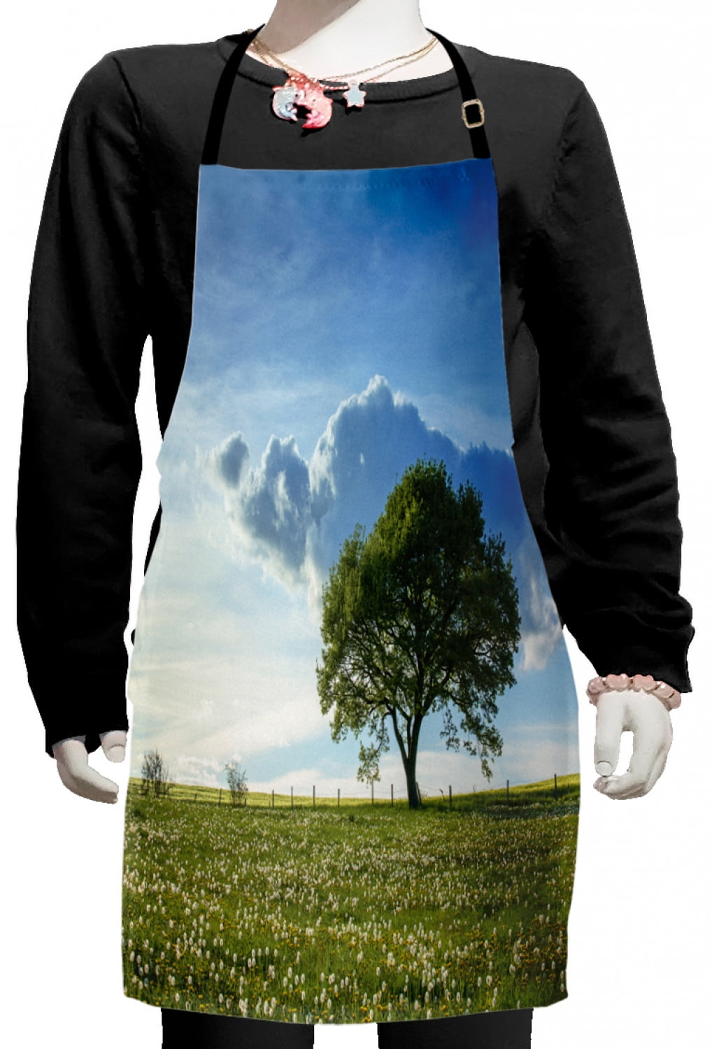 Tree Kids Apron, Tree on a Wide Dandelion Flower Field Fluffy Clouds ...