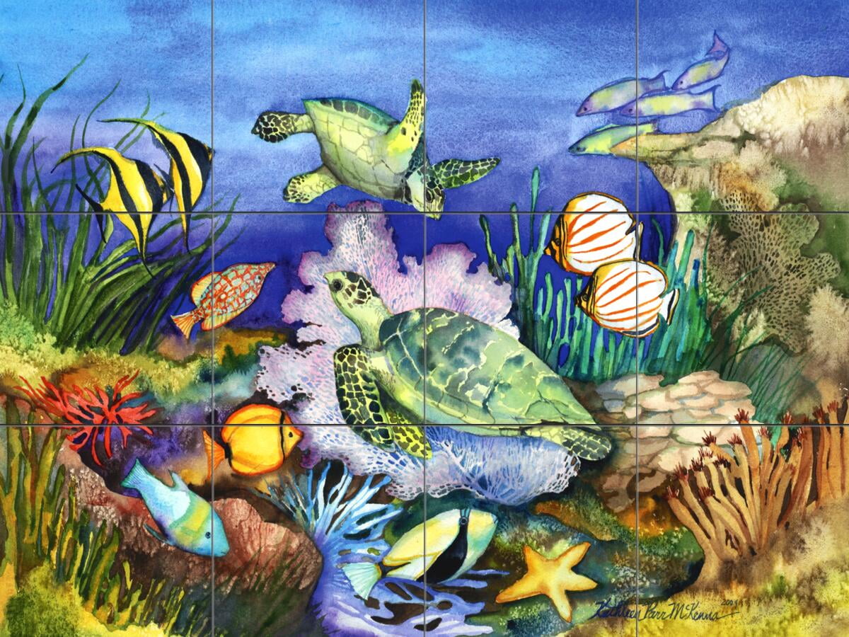 Tile Mural Bathroom Backsplash - Green Sea Turtles - by Kathleen Parr ...