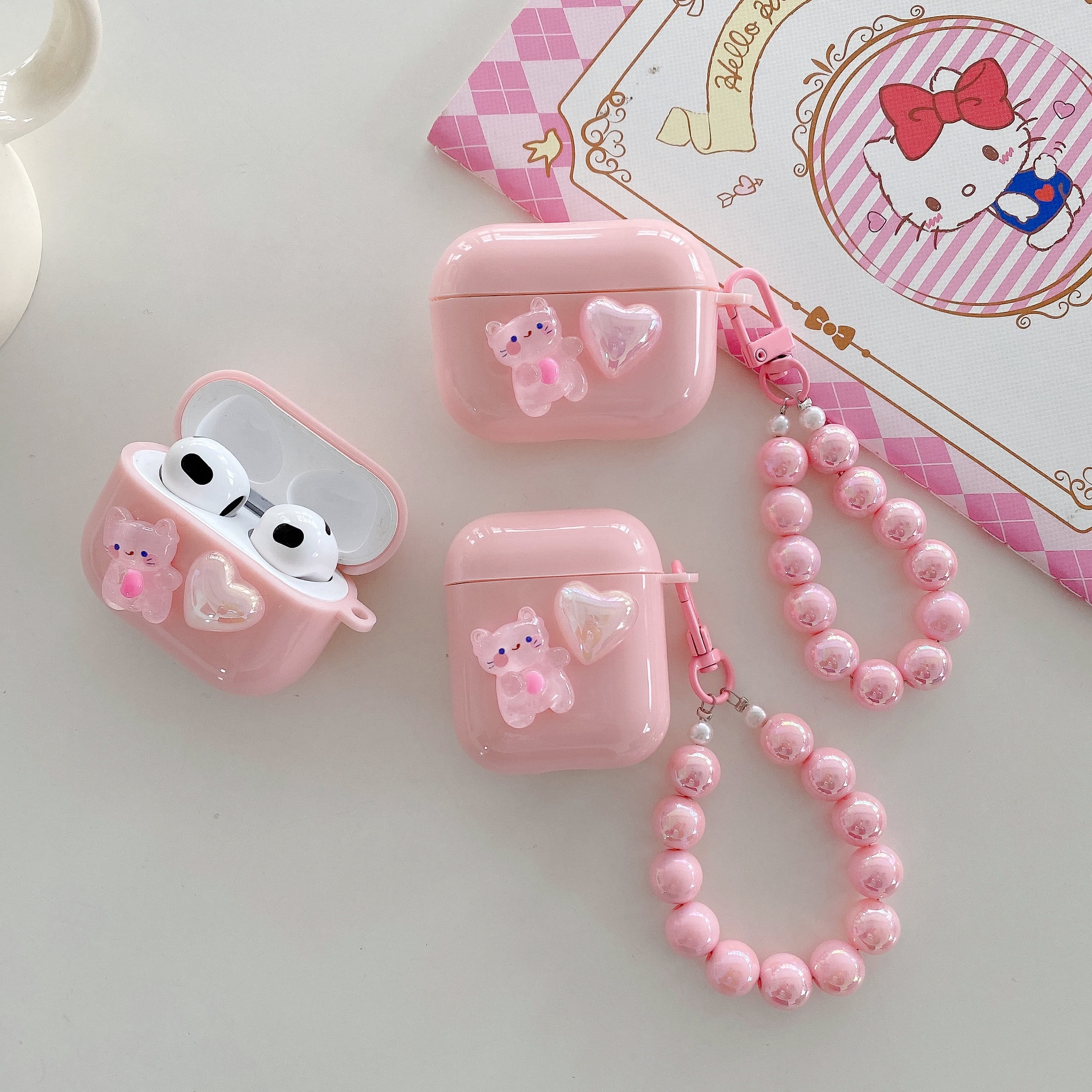 Foreverrich Pink 3D Love Heart Cute Kitten Patterned Earbuds Case For Apple Airpods Pro 1st/2nd ...