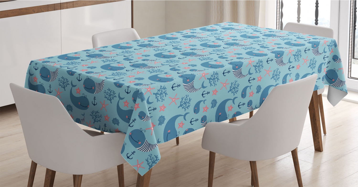 Whale Tablecloth, Happy Smiling Sea Animals with Coral Reef Anchor ...