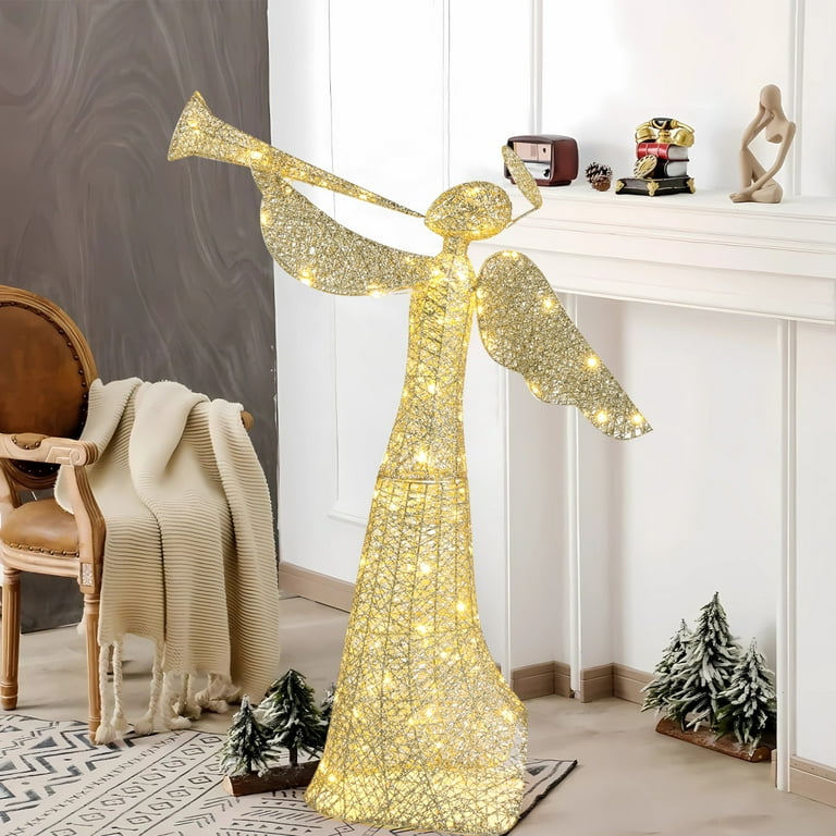 Wooden Twig Rattan Lighted Angel Blowing Horn Christmas Decoration