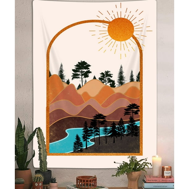 Boho Mountain Vertical Tapestry, Nature Forest Tree Lake Sun Tapestries ...