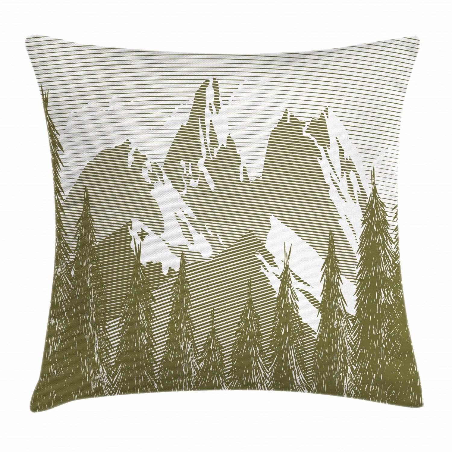 Nature Throw Pillow Cushion Cover, Woodcut Style Landscape Image with ...